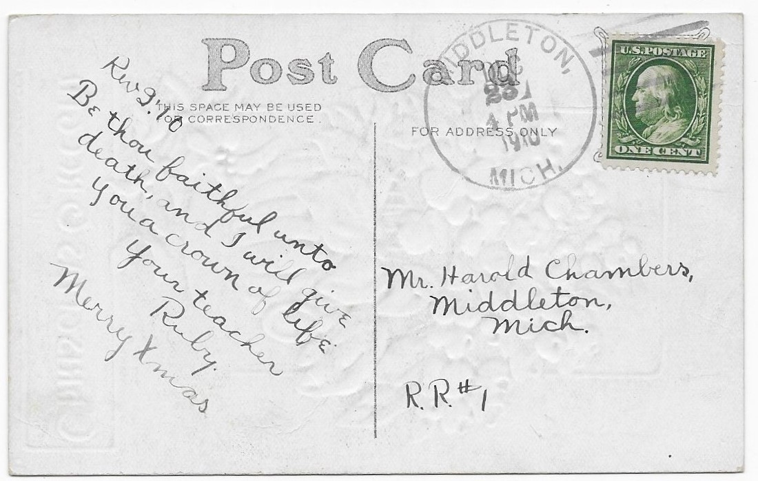 Ruby Sends Christmas Postcards to Her Pupils -Middleton, Michigan (1910 ...