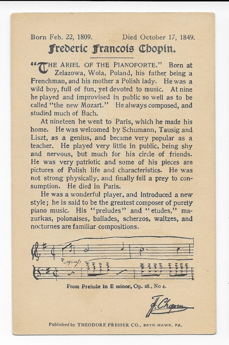 The Publisher Promotes Chopin – Theodore Presser Reward Card (circa ...